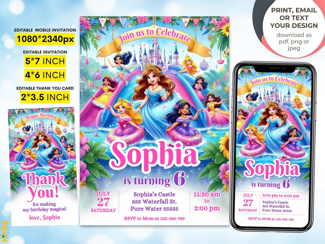 Editable Princess Pool Party Birthday Invitation for Girl Splish Splash ...