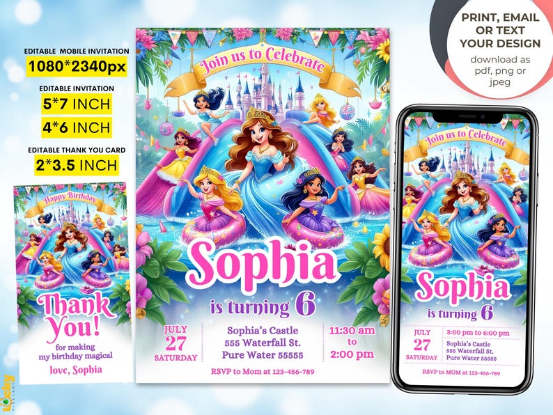 Editable Princess Pool Party Birthday Invitation for Girl Splish Splash ...