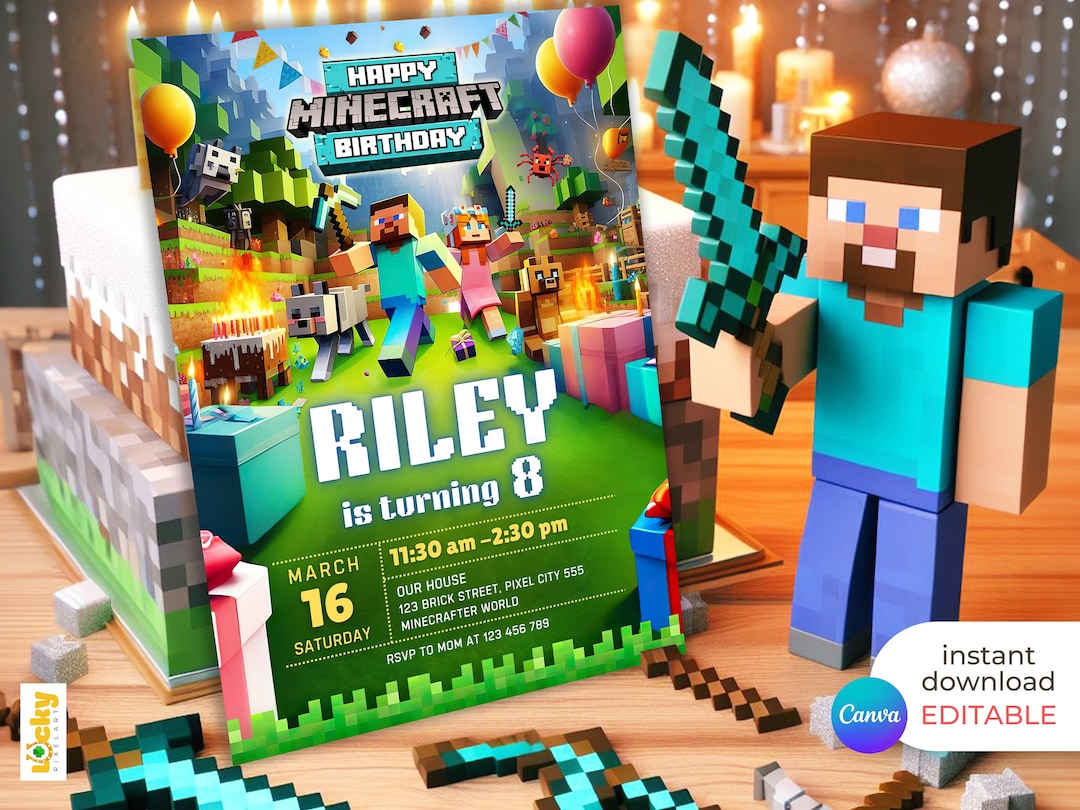 Editable Minecraft Birthday Invitation Minecrafter Birthday Invitation ...
