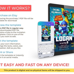 Editable Blue Ninja Dragon Birthday Invitation Digital Ninjas Birthday ...