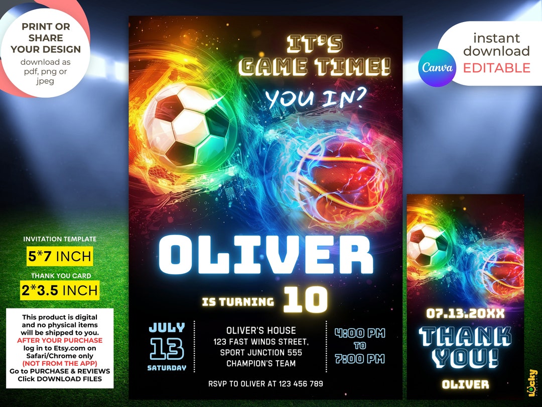 Editable Neon Sports Birthday Invitation Template (digital Download) - Etsy
