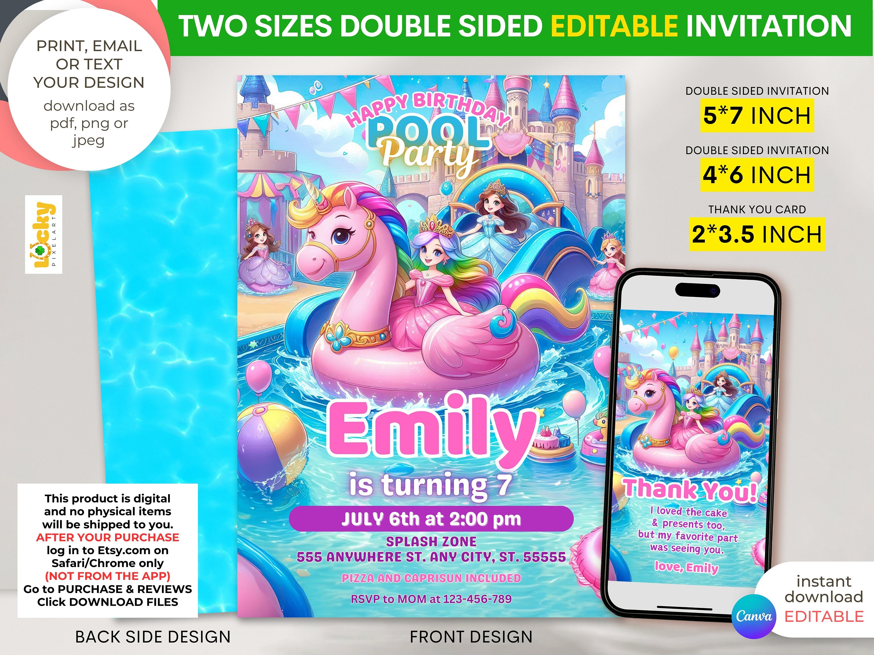 Editable Princess Pool Party Birthday Invitation Girls Unicorn Party ...