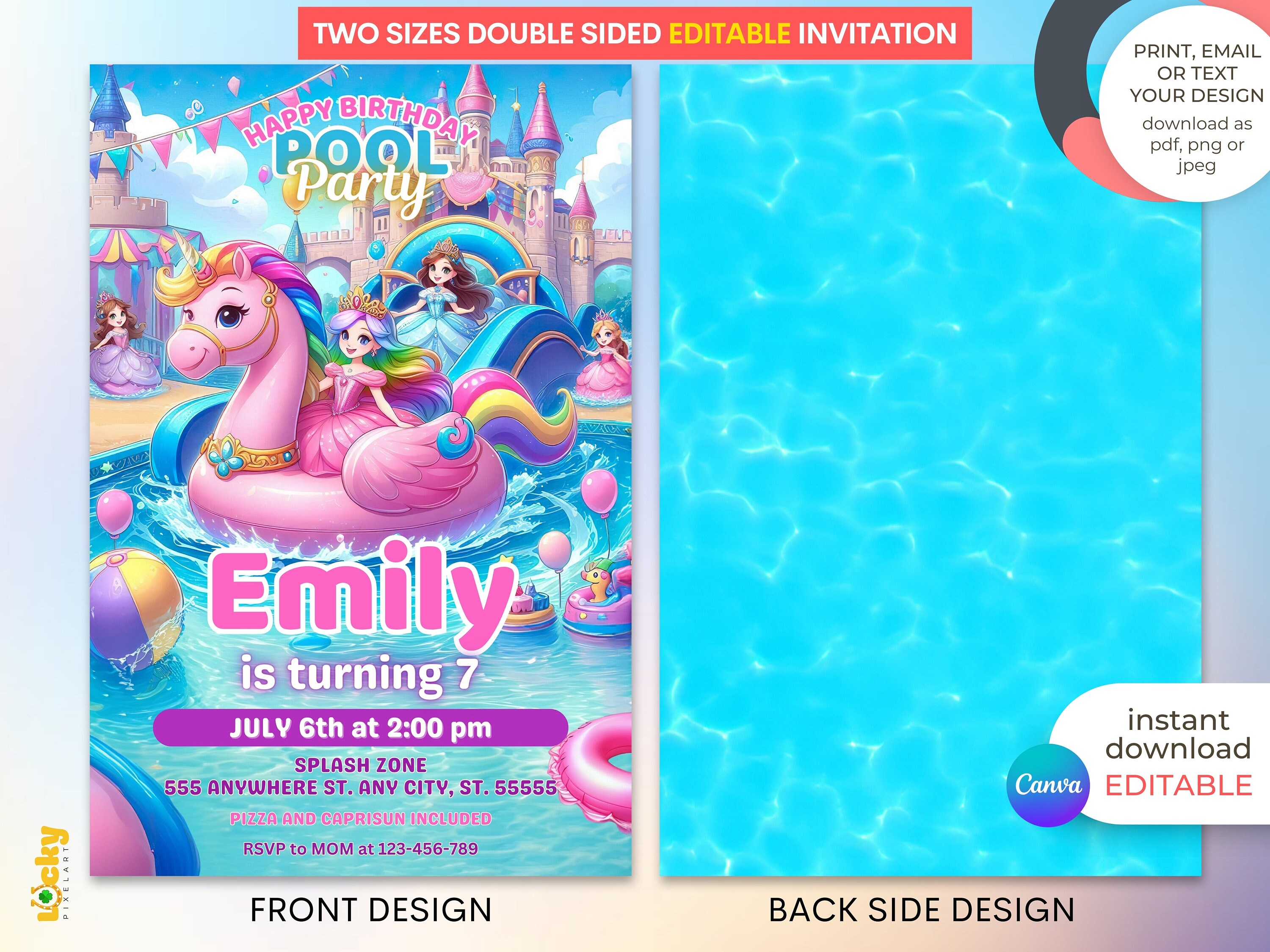 Editable Princess Pool Party Birthday Invitation Girls Unicorn Party ...