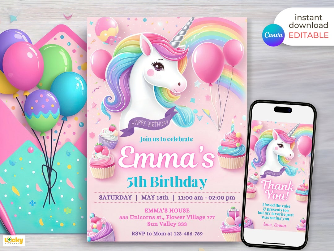 Editable Unicorn Birthday Invitation Unicorn Girl Birthday Party ...