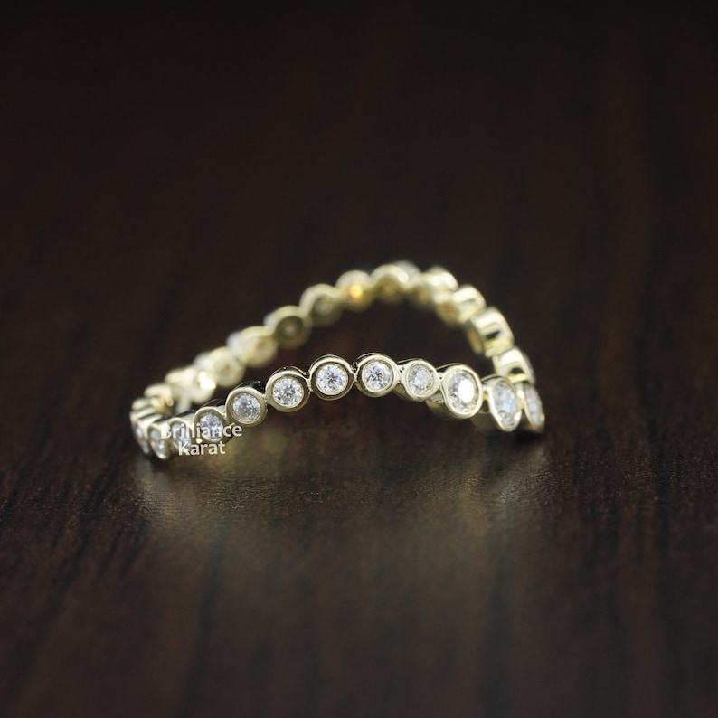 Curved Wedding Band Round Moissanite Full Eternity Band Bezel Set Wedding Band Chevron Stacking ...