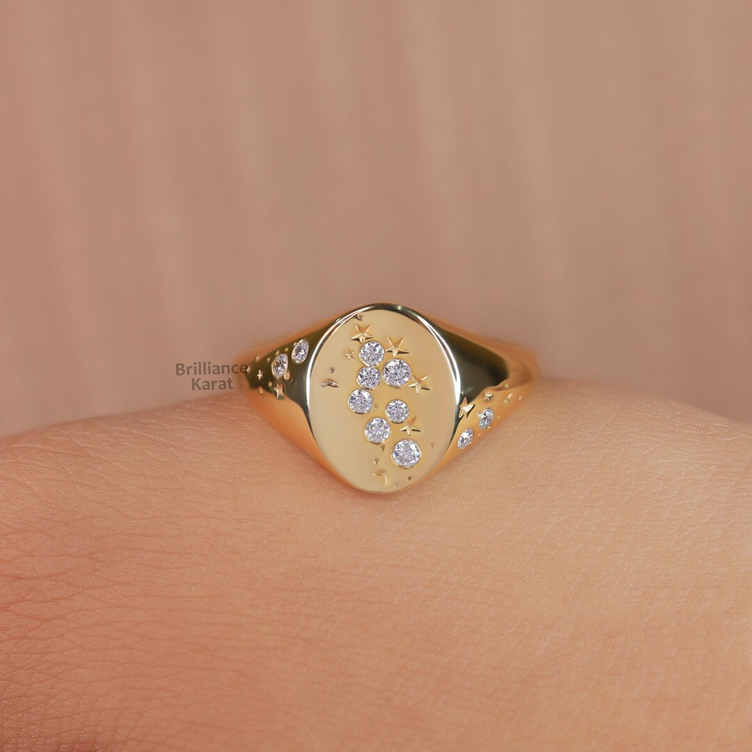 Moissanite Celestial Signet Ring 14k Solid Gold Star & Moon Dome Ring ...