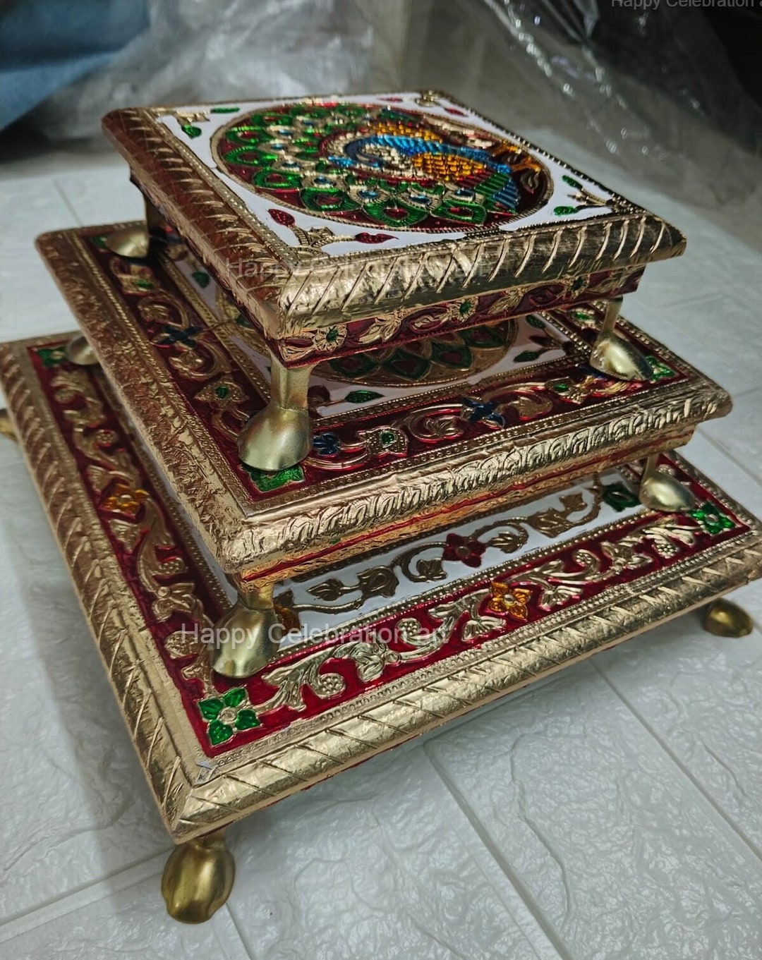 Set of 3 Wooden Bajot Chowki | God Idol Stand | Mandir Decor | Indian ...