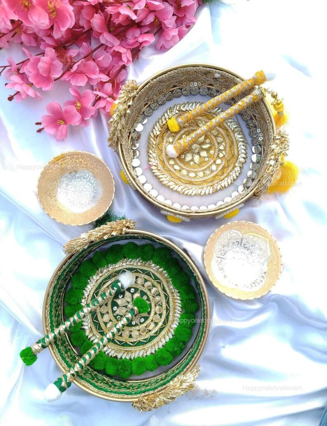 Haldi + Mehndi Combo Set With Bowl and Applicator,mirror Work Handle ...