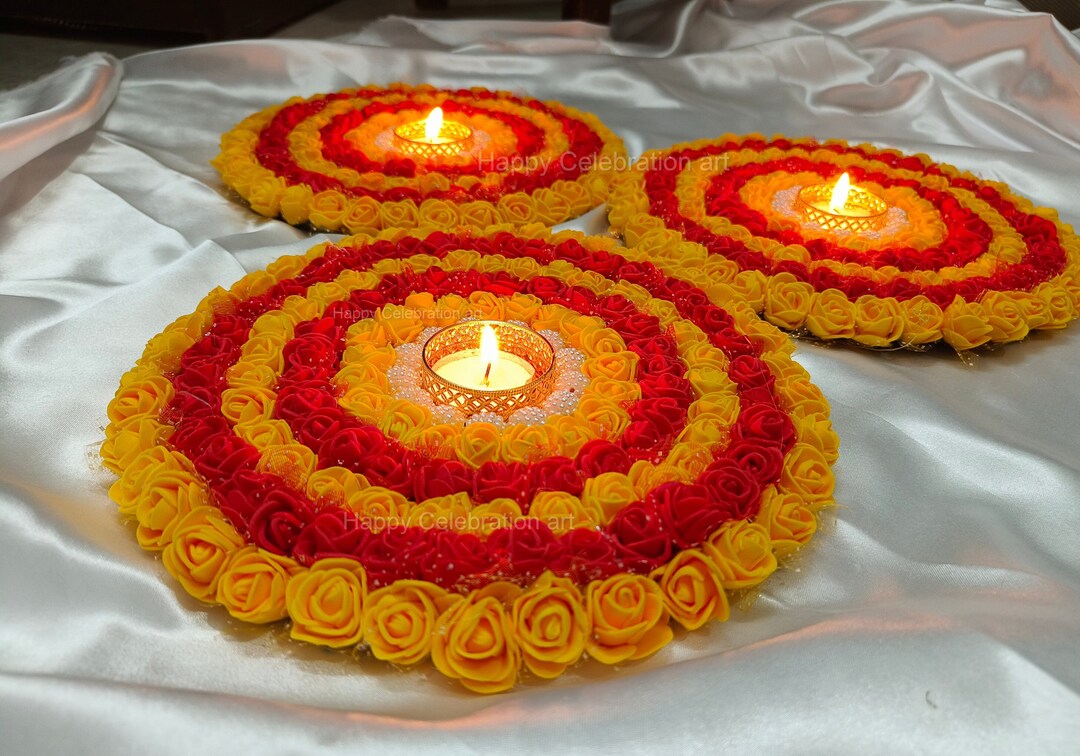 2 Piece Set Floral Rangoli Pattern Candle Holder|patti Navratri Pooja ...