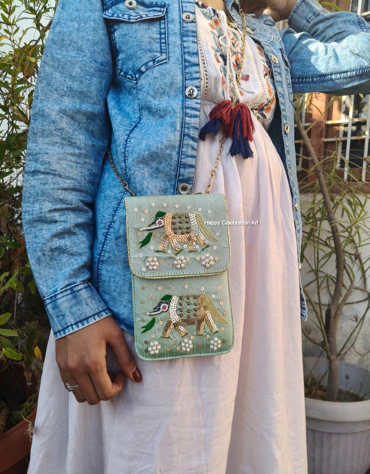 Cross Body Phone Bag With Gota Zari Hand Embroidery Elephant Mobile ...