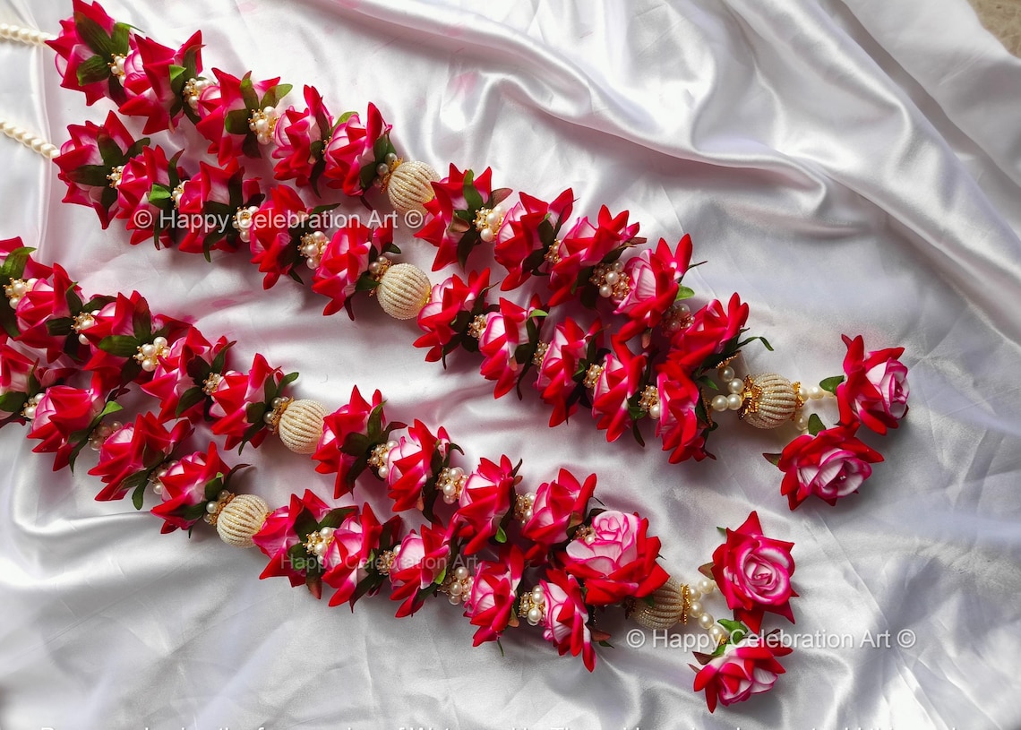 Red Rose With White Beads Varmala Garland Set, 30" Bride Groom Jaimala ...
