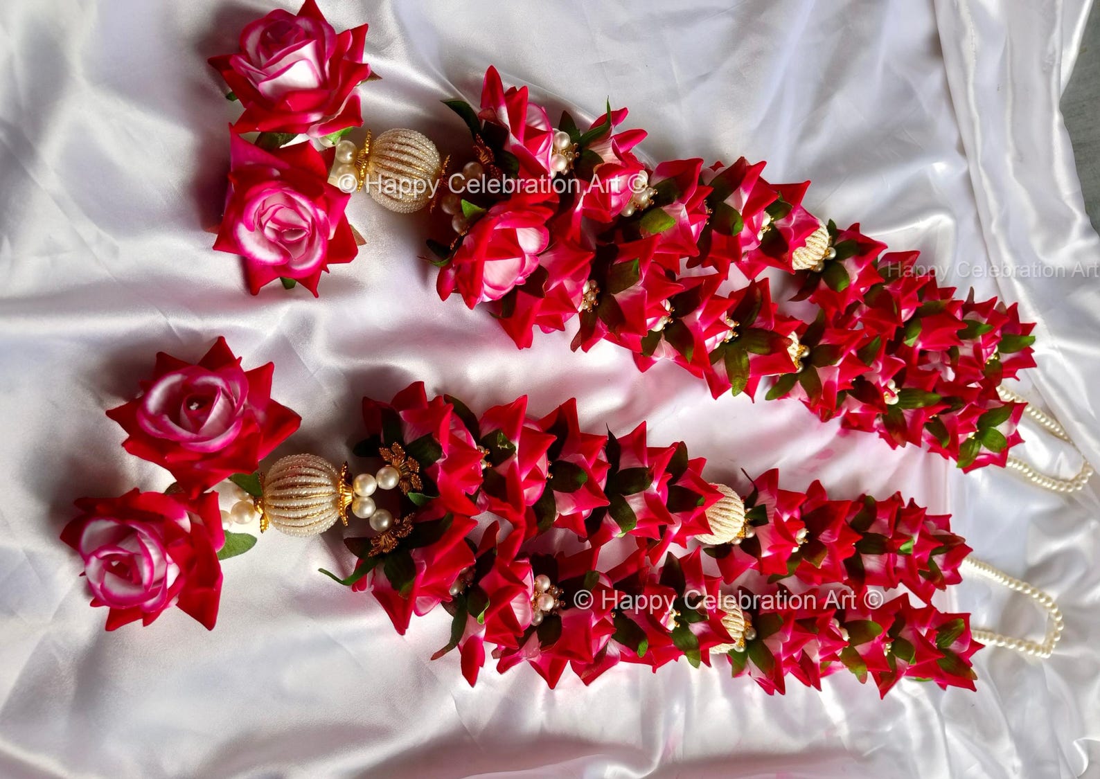Red Rose With White Beads Varmala Garland Set, 30" Bride Groom Jaimala ...