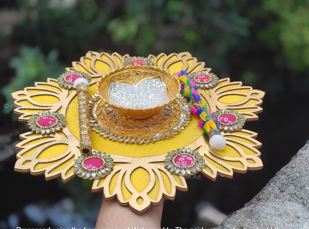 Haldi Mehndi Thali | Lotus MDF Wood Pooja Plate With Bowl Applicator ...