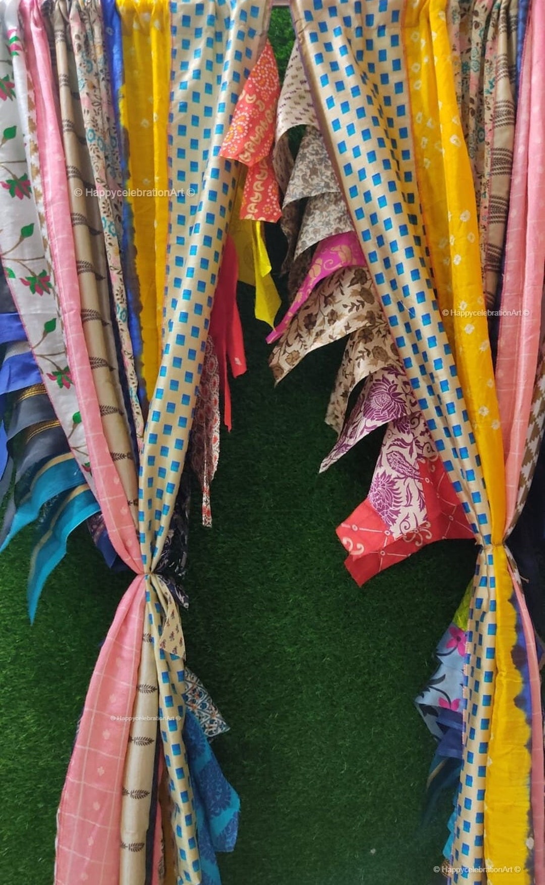 Multi Color Frilled Curtain, Indian Vintage Made of Old Sari Fabric ...