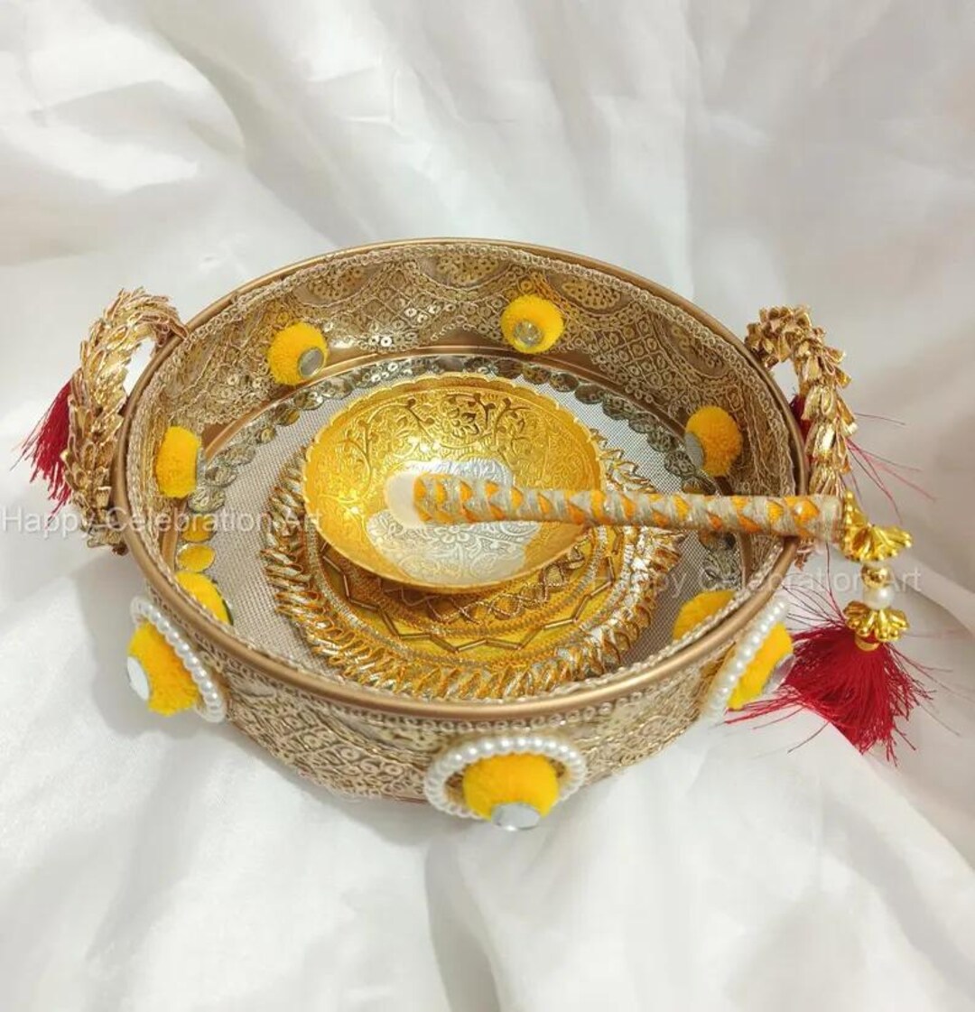 Haldi Ceremony Thali Set: Yellow Wedding Pooja Plate With Bowl - Etsy