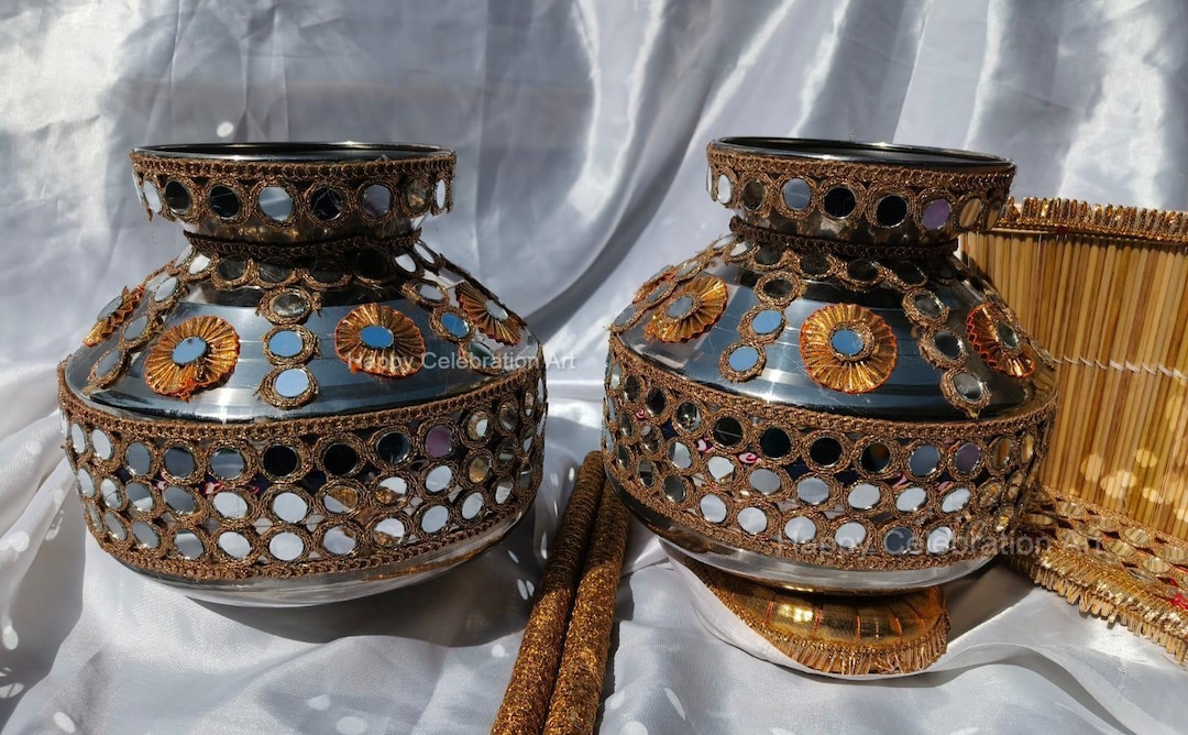 Mirror Work Stainless Steel Pot With Chaaj and Daand Punjabi Wedding ...