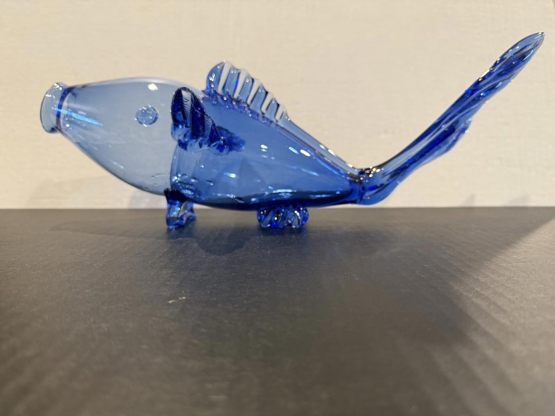 Hand-blown Blue Glass Fish Vessel – 14” Art Glass Décor. Wide Mouth ...