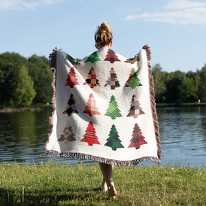 Plaid Trees Christmas Blanket: Woven Cotton Throw for Winter Decor ...
