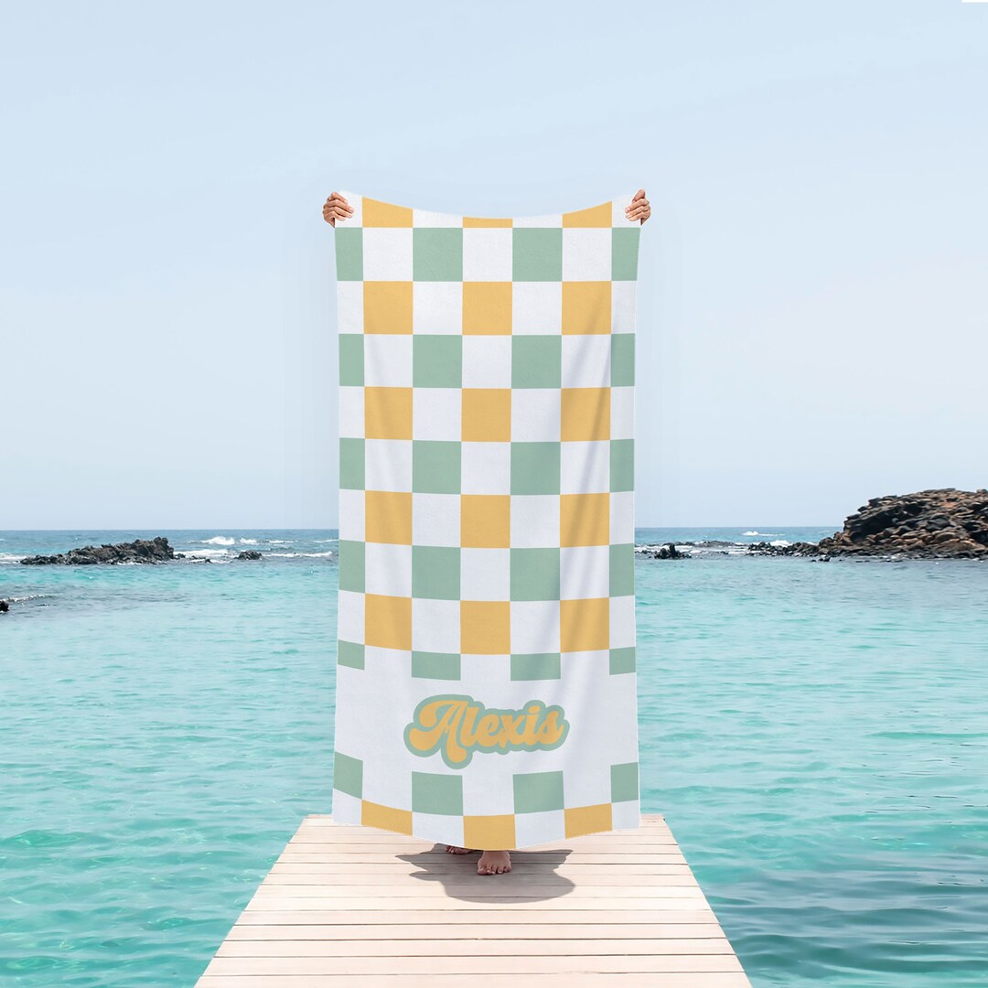 NEW Checker Style Custom Beach Towel, Personalized Name Bath Towel ...