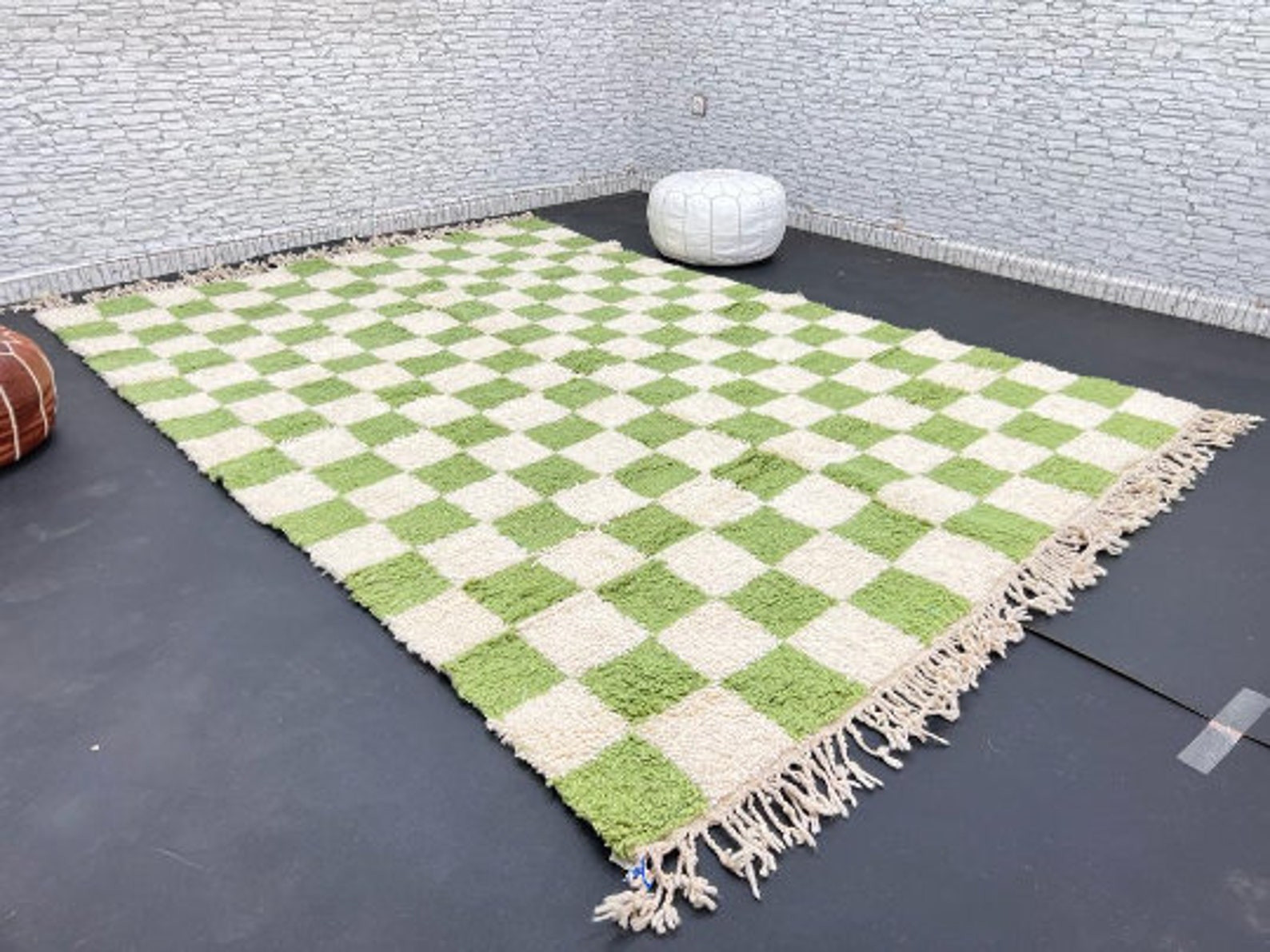 Large Green and White Checkered Rug, Moroccan Berber Checkered Rug ...