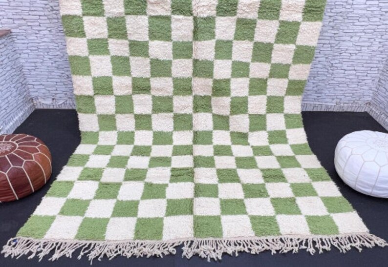 Large Green and White Checkered Rug, Moroccan Berber Checkered Rug ...