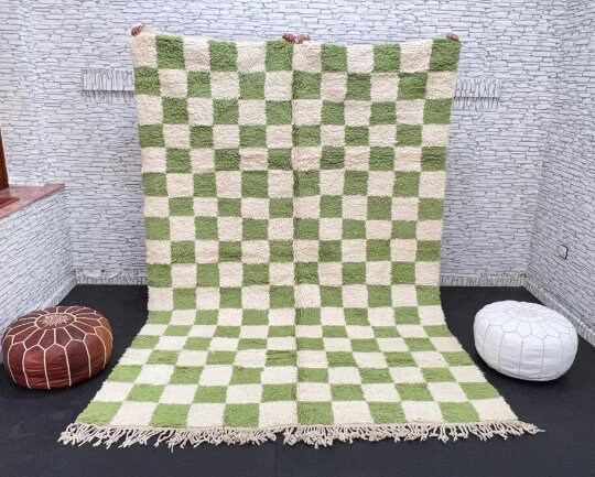 Large Green and White Checkered Rug, Moroccan Berber Checkered Rug ...