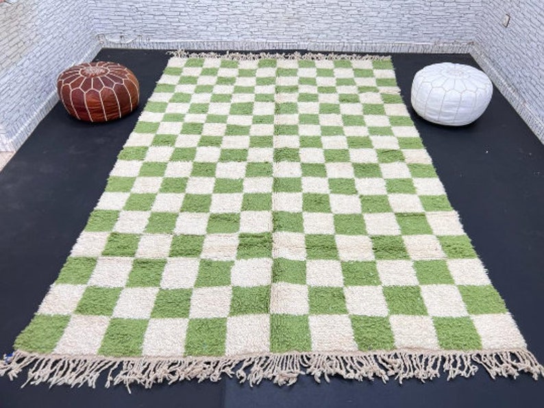 Large Green and White Checkered Rug, Moroccan Berber Checkered Rug ...