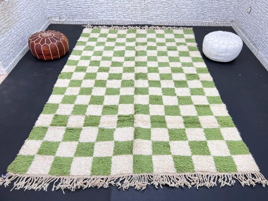 Large Green and White Checkered Rug, Moroccan Berber Checkered Rug ...
