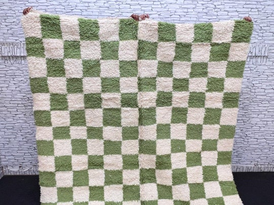 Large Green and White Checkered Rug, Moroccan Berber Checkered Rug ...