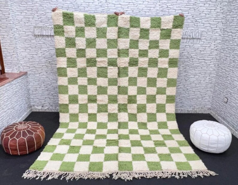 Large Green and White Checkered Rug, Moroccan Berber Checkered Rug ...
