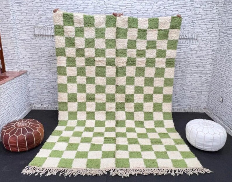 Large Green and White Checkered Rug, Moroccan Berber Checkered Rug ...
