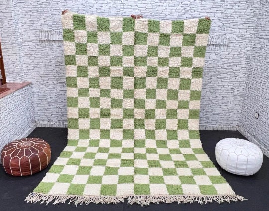 Large Green and White Checkered Rug, Moroccan Berber Checkered Rug ...
