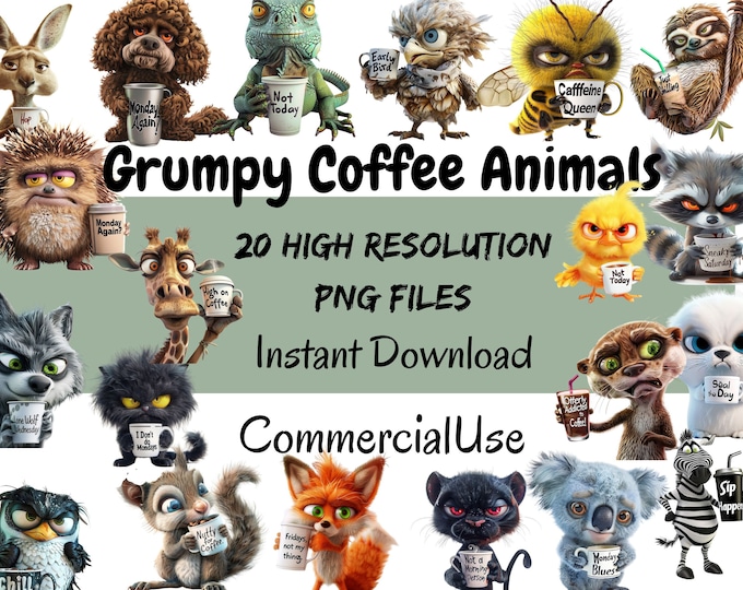 20 Watercolor Grumpy Animals Pngs Clipart Bundle, High Quality, Instant ...