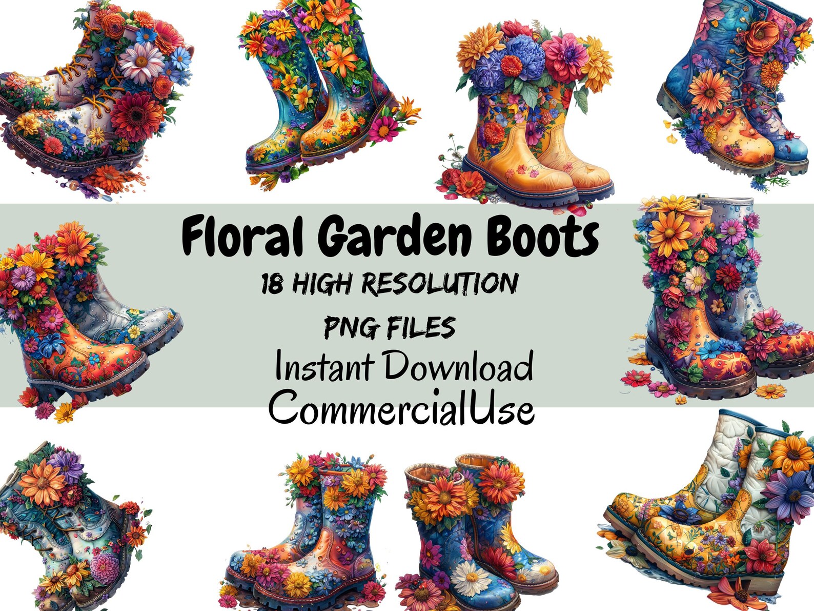 Floral Boots Clipart Bundle, Printable Rain Boots Clipart, Garden Boots ...