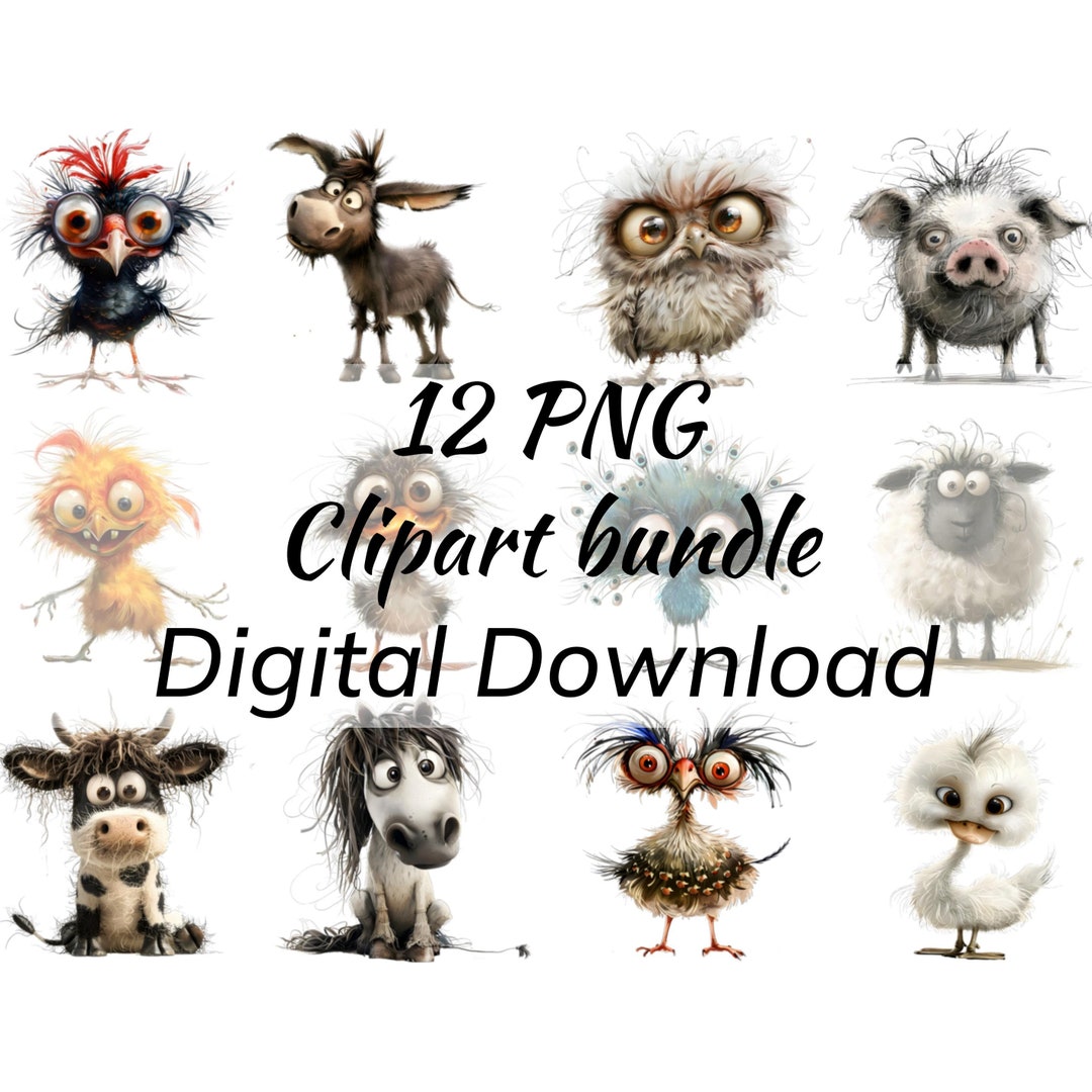 Whimsical Farm Animal Clipart, Quirky Crazy Hair PNG (digital Download ...