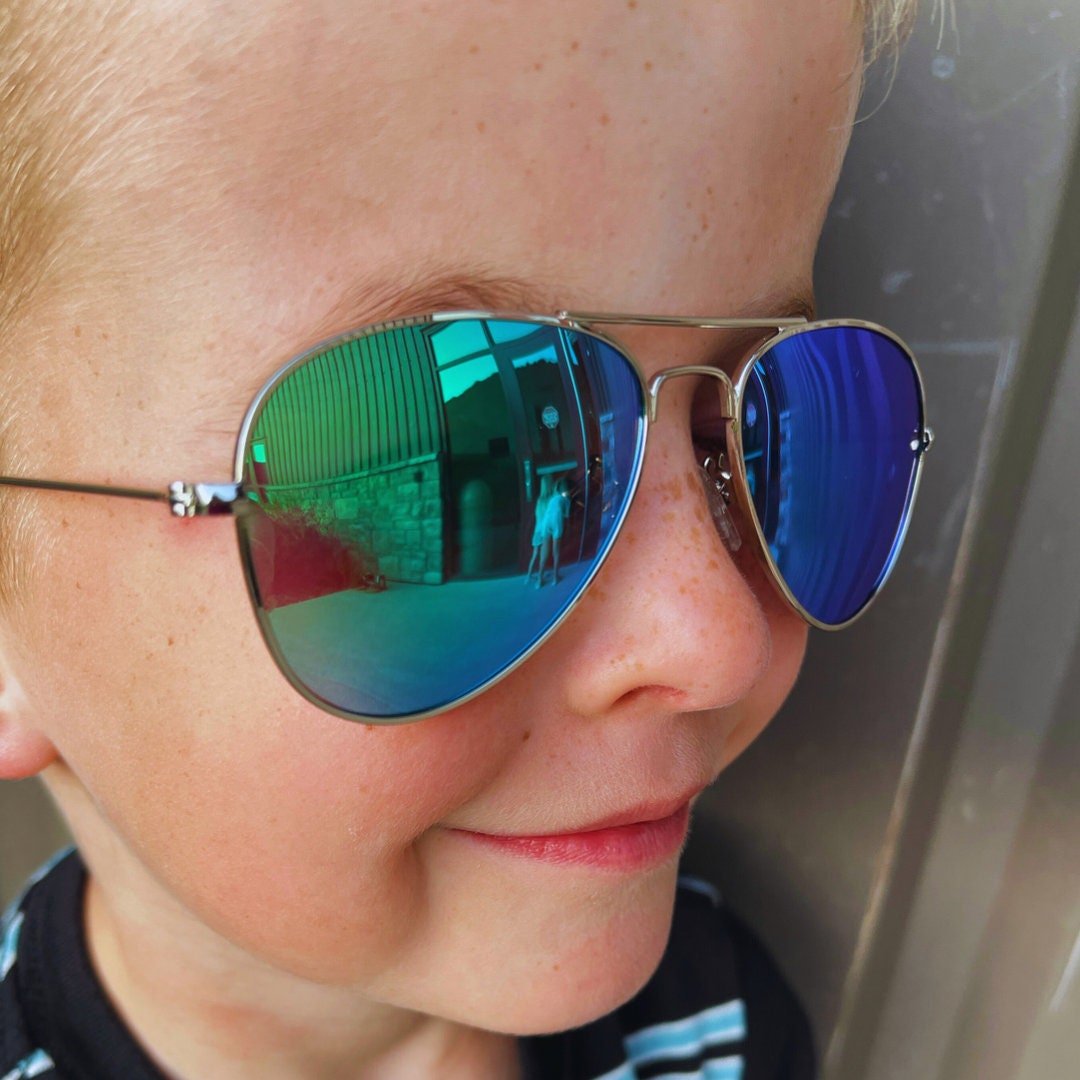 Blue and Green Reflective Aviator Kids Sunglasses - Etsy