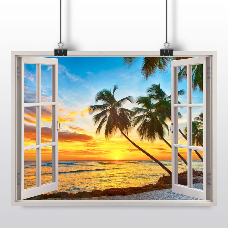 Tropical Beach Window View, Sunset Photo Print, Window Frame Style ...