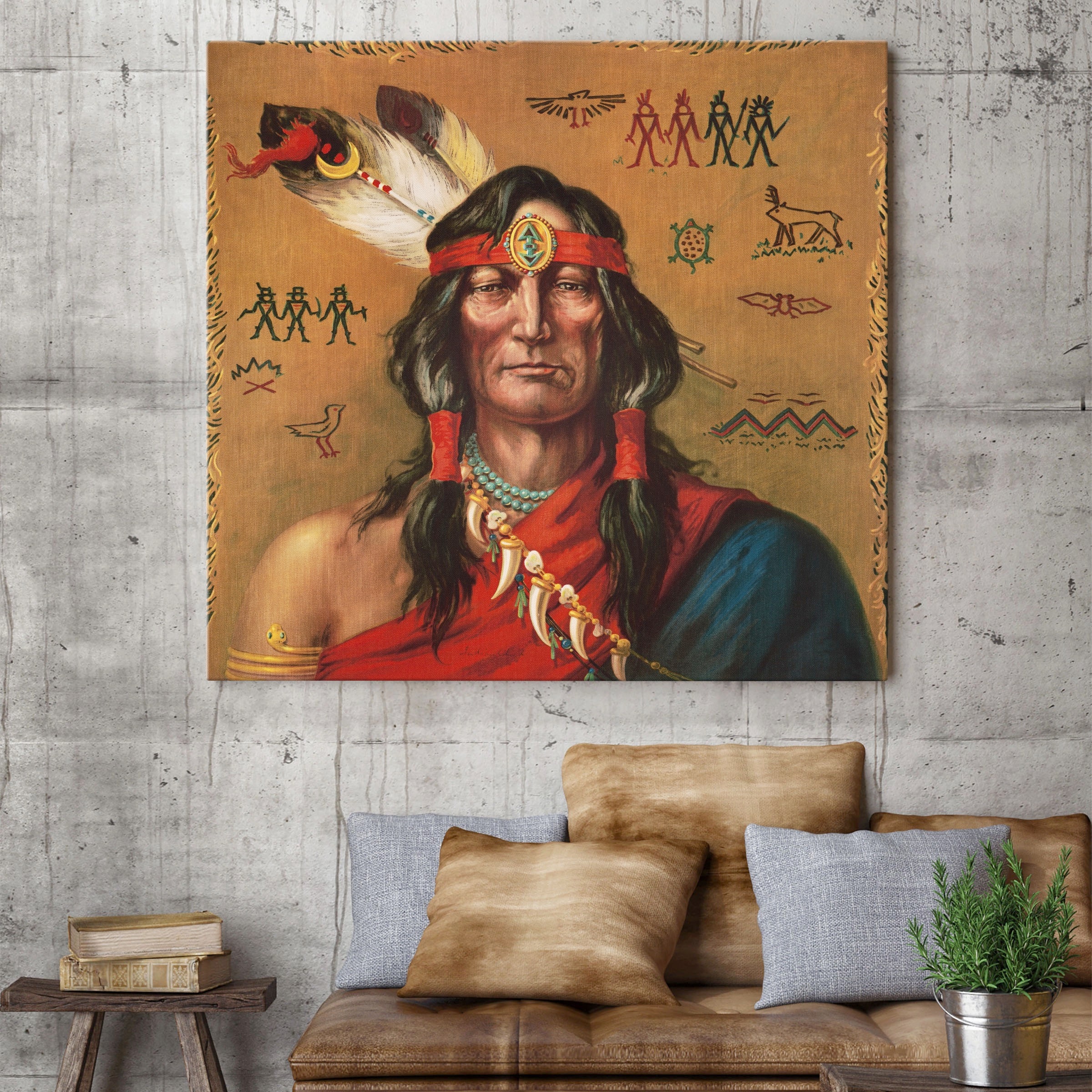 Indian Chief Portrait Art on Canvas, Native American Art Reproduction ...
