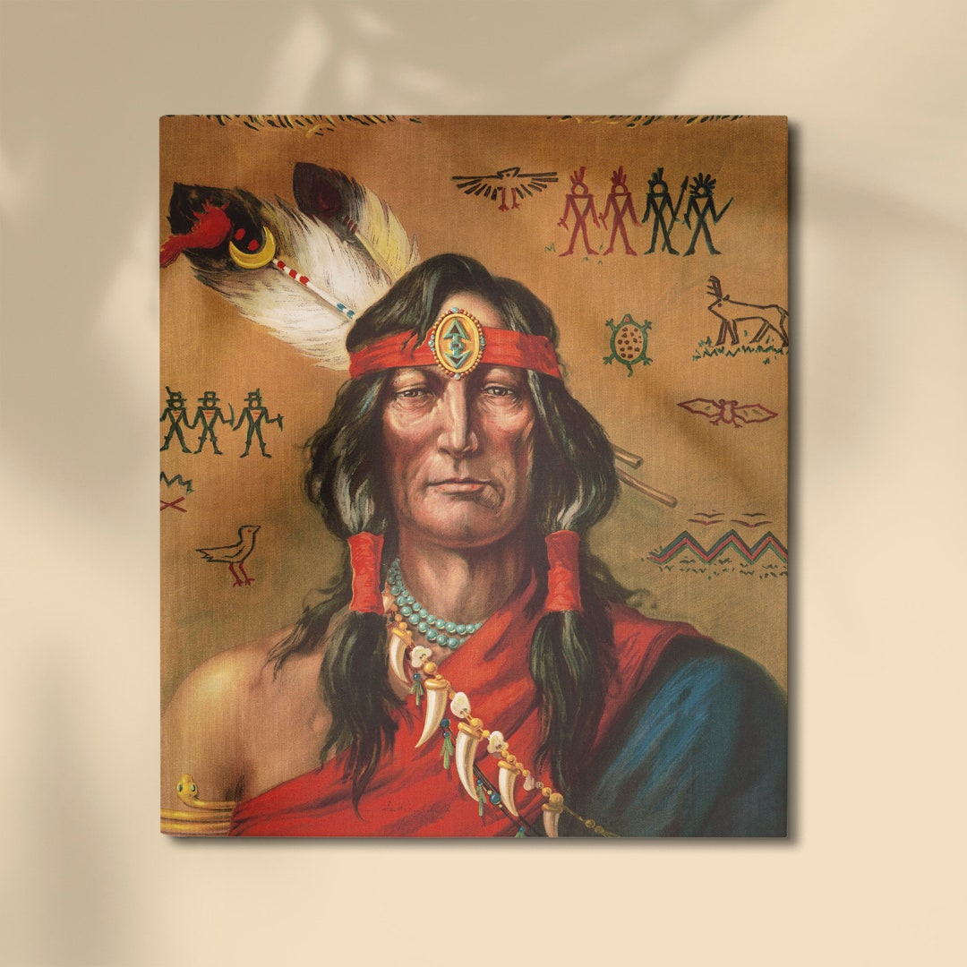 Indian Chief Portrait Art on Canvas, Native American Art Reproduction ...