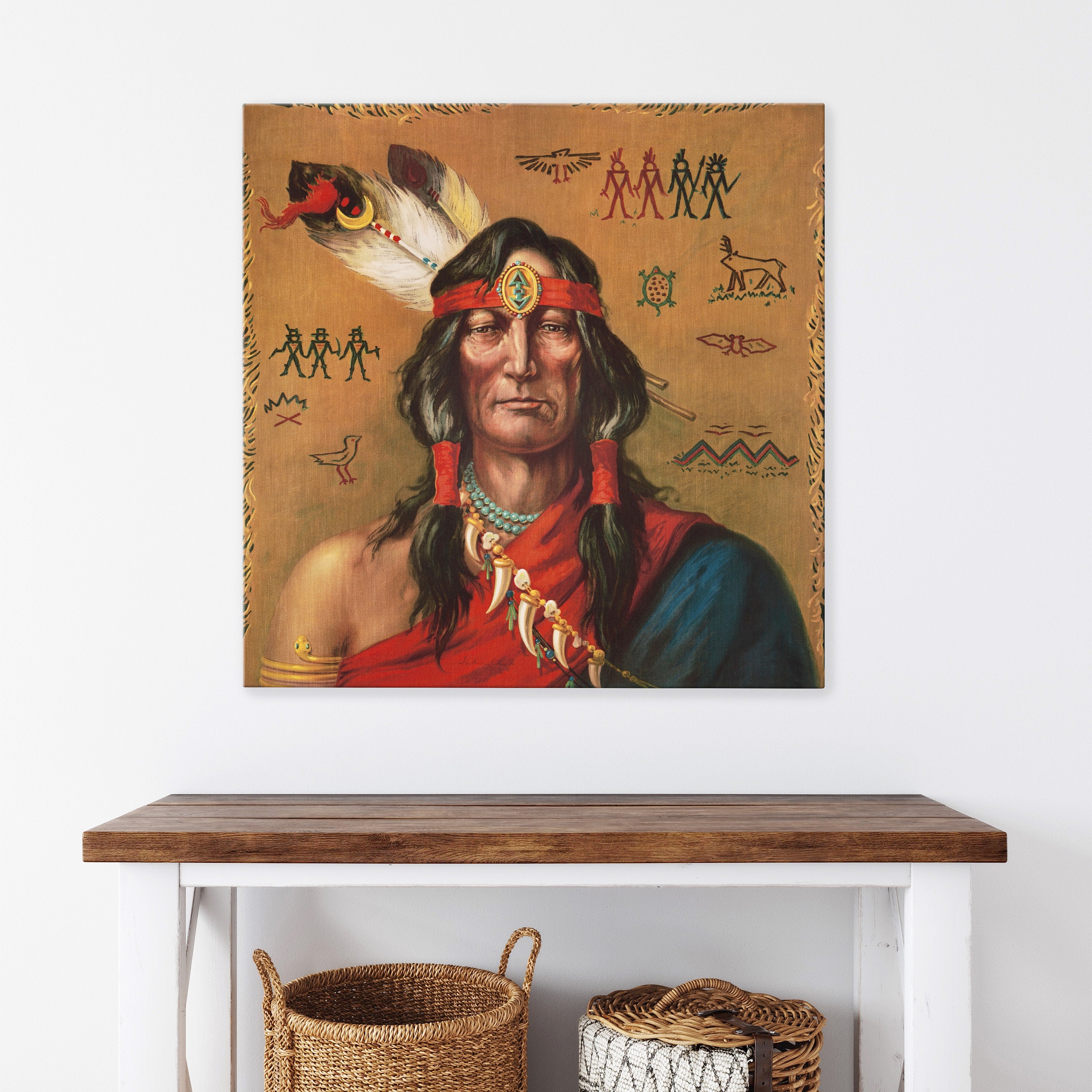 Indian Chief Portrait Art on Canvas, Native American Art Reproduction ...