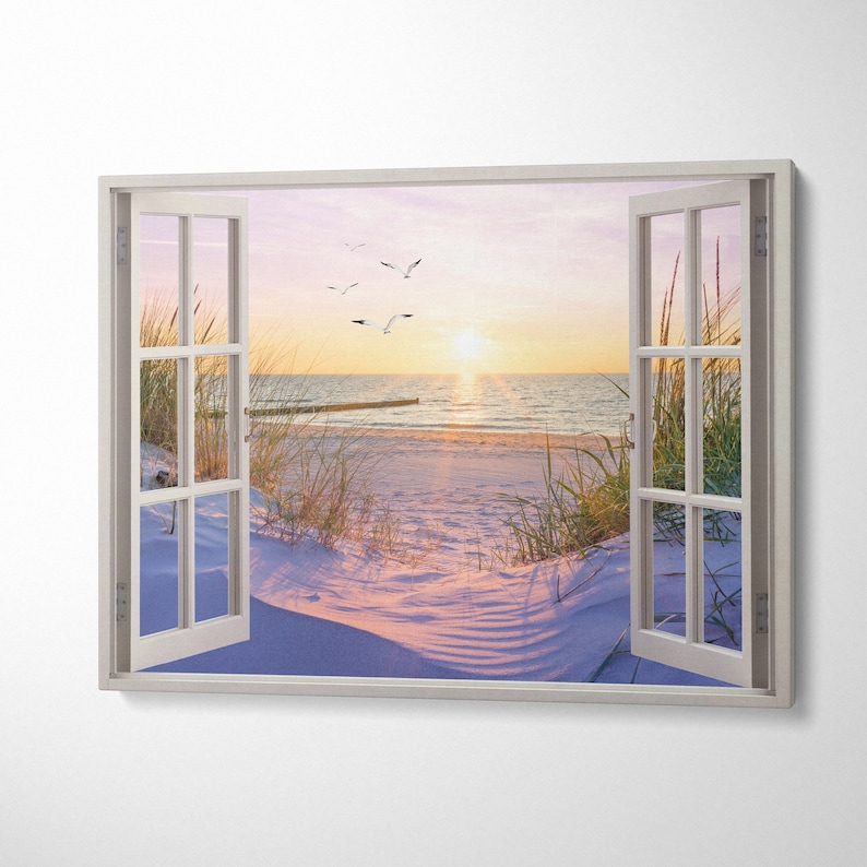 Sand Dune Beach Window View, Window Frame Style Modern, Beach House Seascape Design Home Decor ...