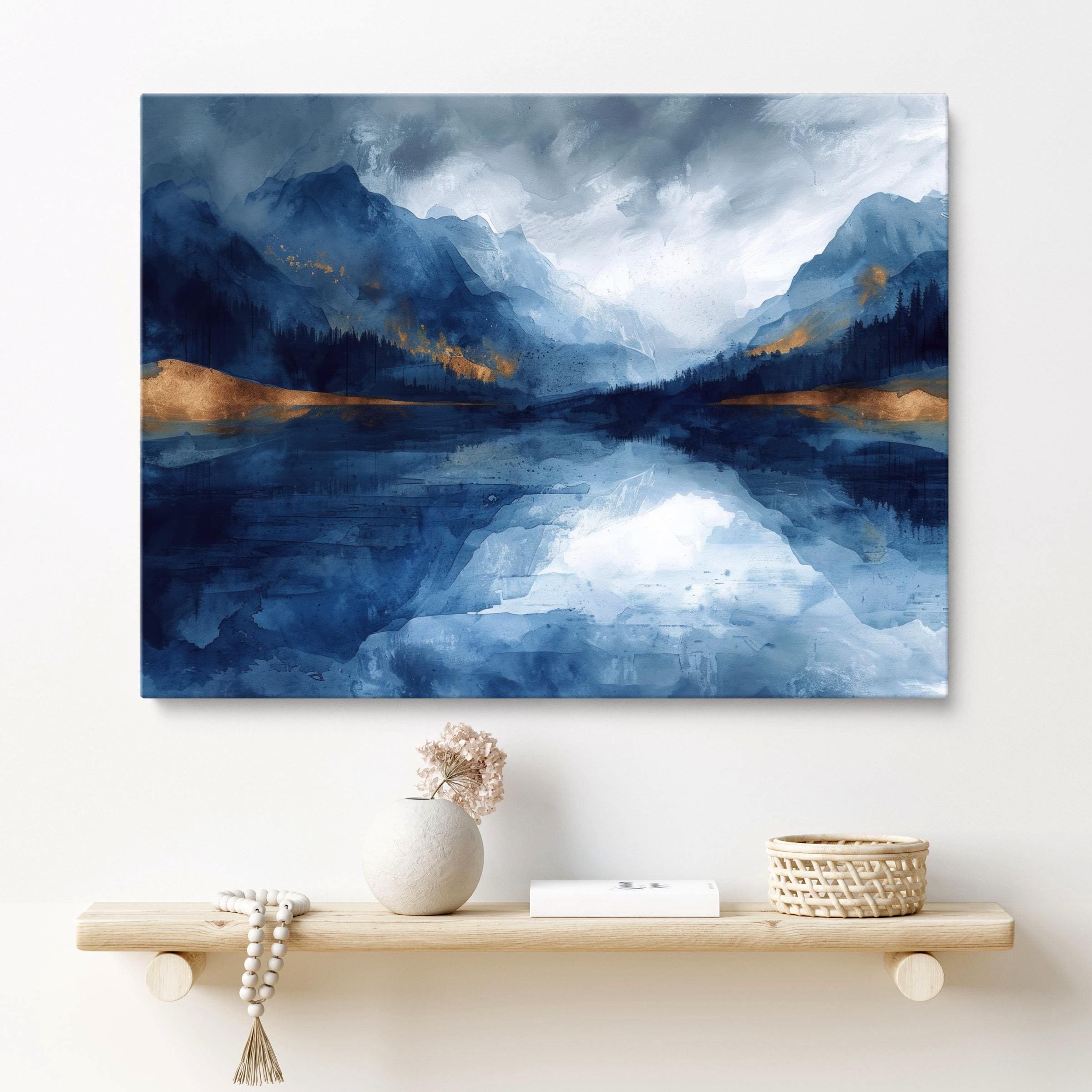 Abstract Painting Print on Canvas, Indigo and Dark Blue Watercolor ...
