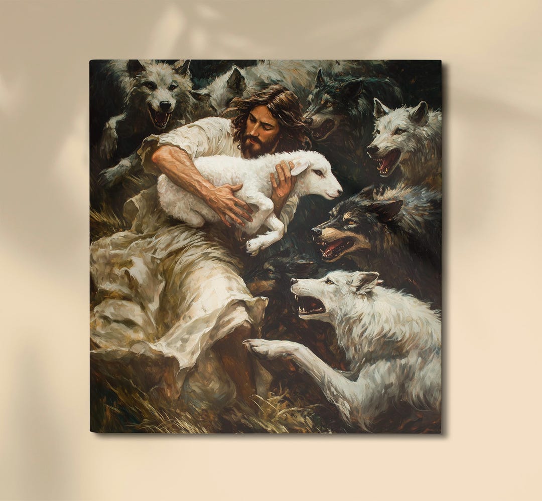Jesus Protecting the Lamb From Wolves Print on Canvas, Divine ...