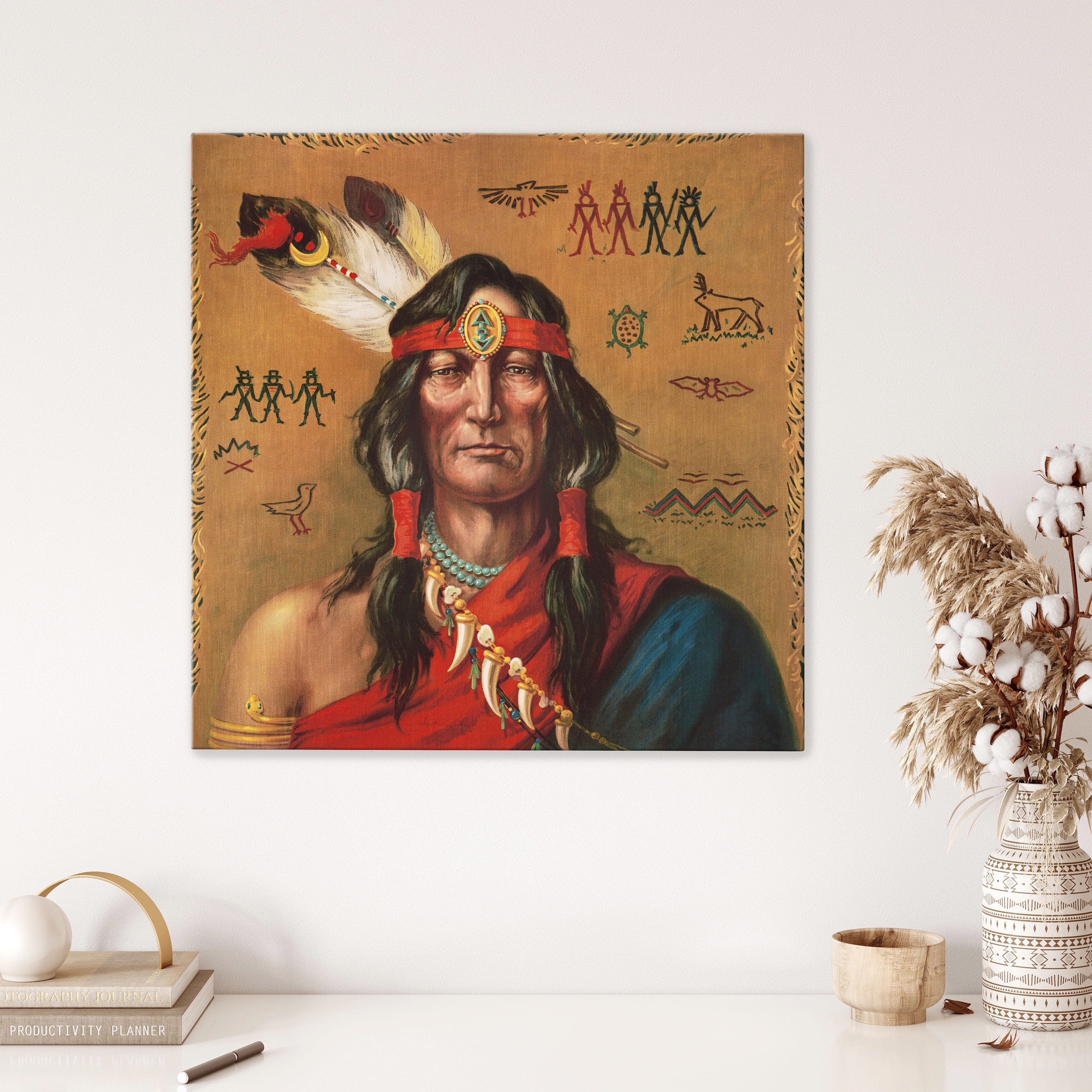 Indian Chief Portrait Art on Canvas, Native American Art Reproduction ...