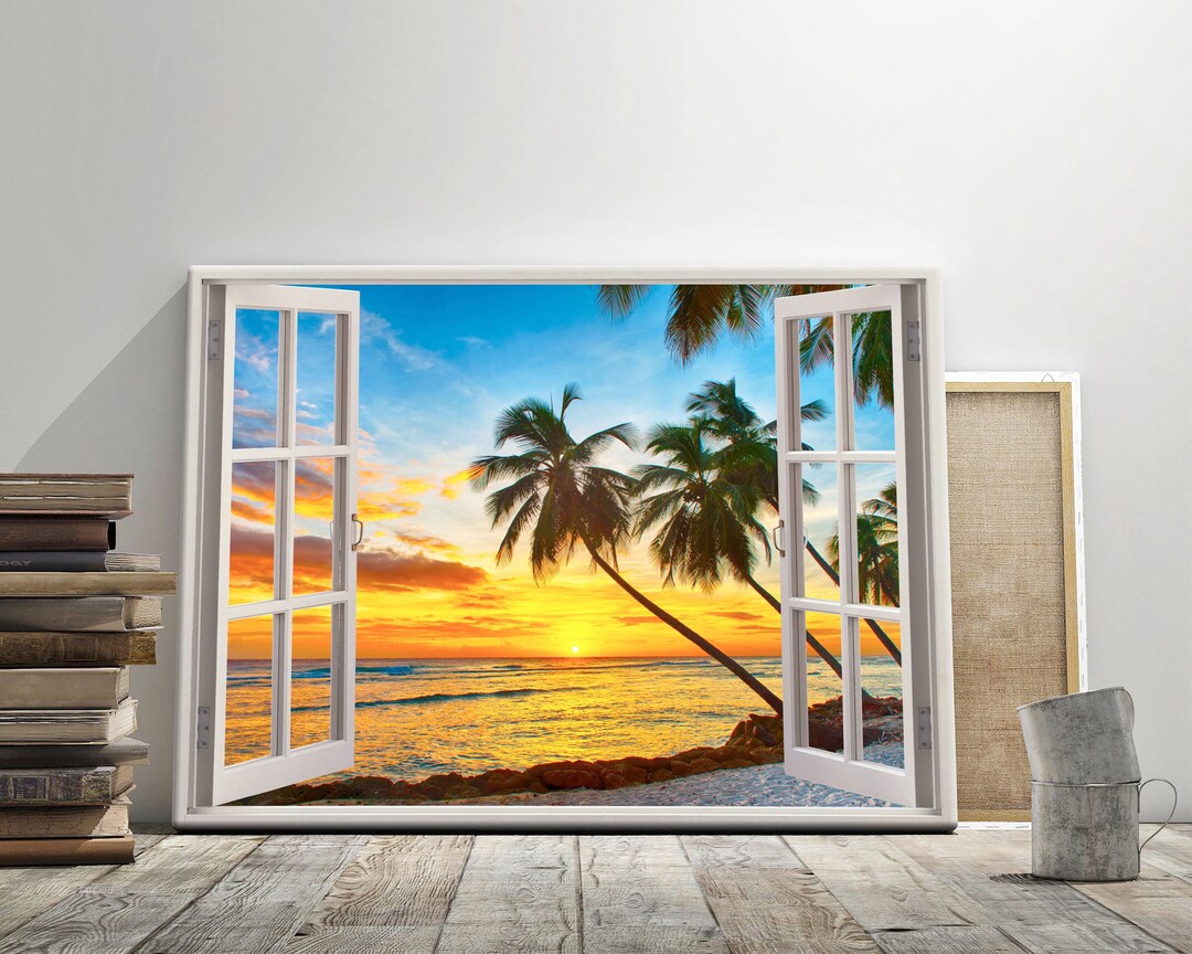 Tropical Beach Window View, Sunset Photo Print, Window Frame Style ...
