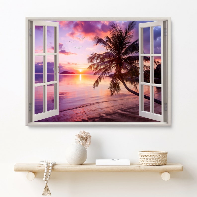 Tropical Beach Window View, Sunset Photo Print, Purple Sunset, Window ...