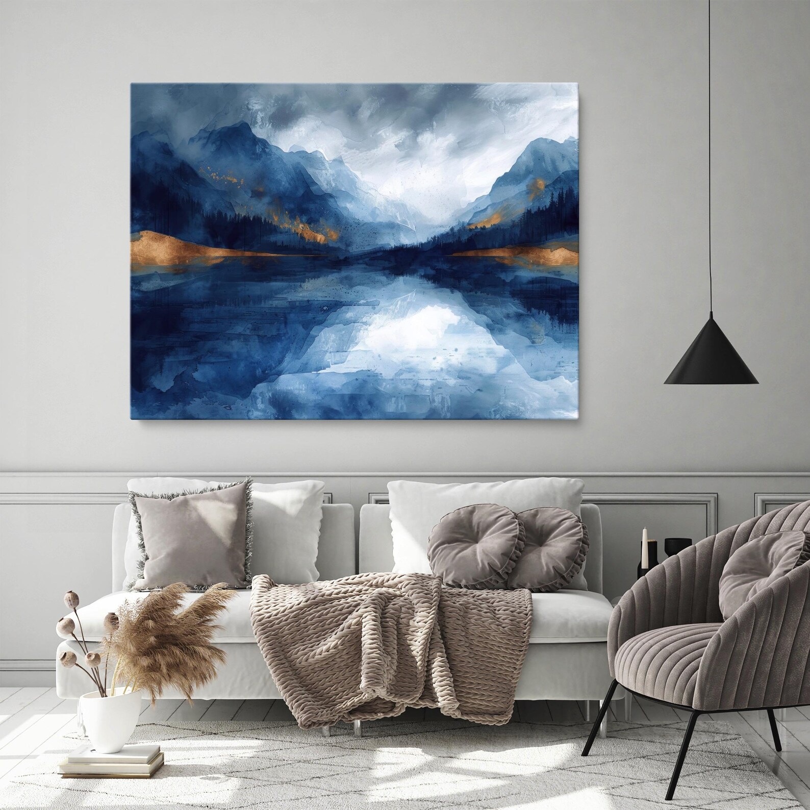 Abstract Painting Print on Canvas, Indigo and Dark Blue Watercolor ...
