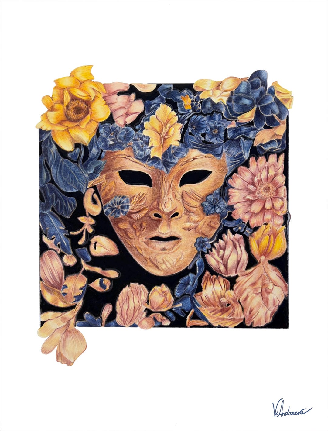 Original Colored Pencil Art, Gold Mask in Flowers, Wall Art - Etsy