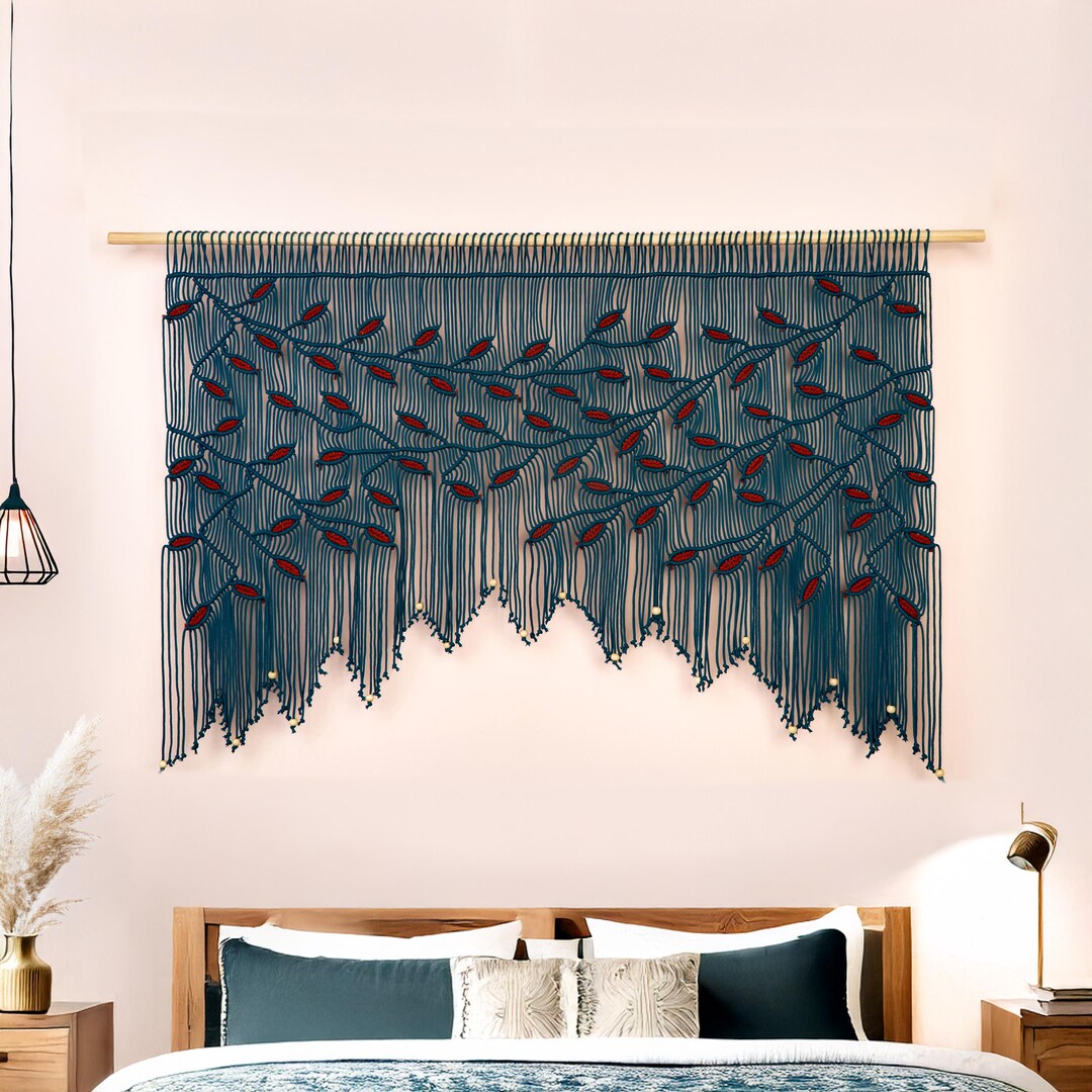 Macrame Valance in Peacock, Macrame Window Curtain, Narrow Leaf Pattern ...