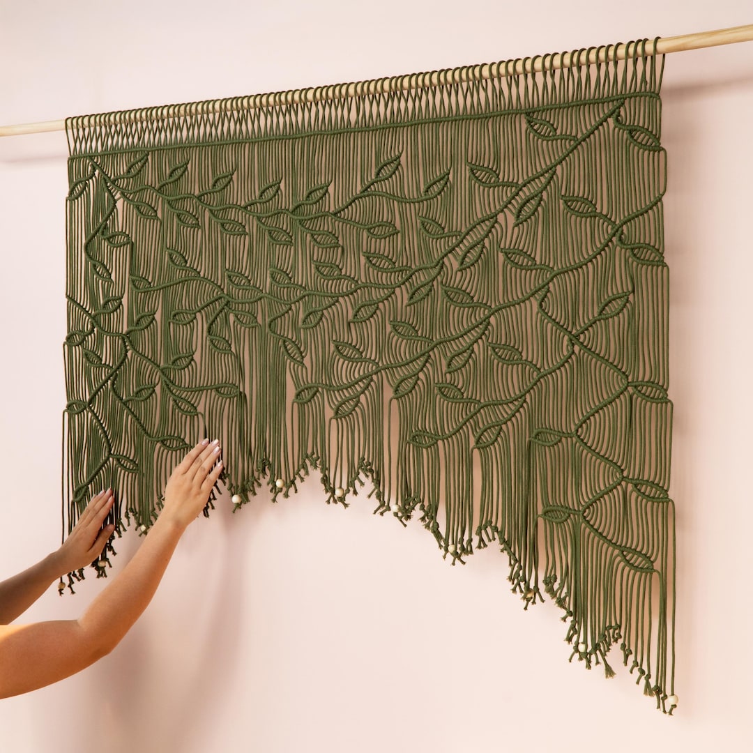 Olive Green Macrame Wall Hanging, Botanical Leaf Tapestry, Boho Window ...